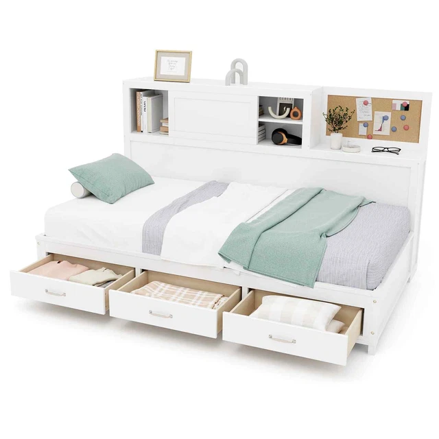 COMPACT DOUBLE SIZE Daybed Wooden Sofa Bed Frame w/ Storage Shelves & 3 ...
