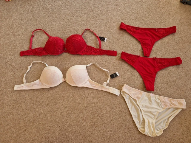 NEXT RED AND Cream Boost Push Up Bras and Knickers 32A 12 14 BNWT £20. ...