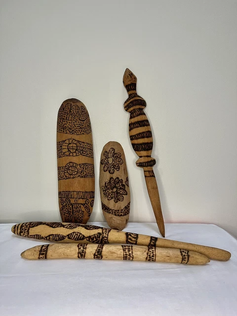 TRADITIONAL AUSTRALIAN ABORIGINAL Pokerwork Clap sticks, Coolamon And ...