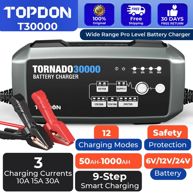 TOPDON T30A 12V 24V Automatic Car Battery Charger Pulse Repair AGM/GEL ...