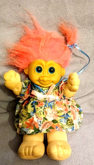 VINTAGE RUSS TROLLS Girl Troll Pink Hair Floral Dress Soft Toy 1990's ...