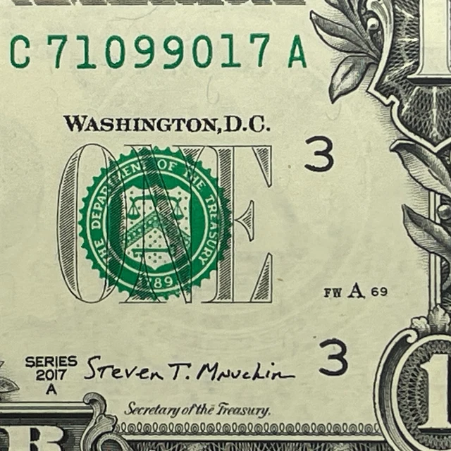 RADAR FANCY SERIAL Number One Dollar Bill C71099017A Palindrome 0s 1s ...
