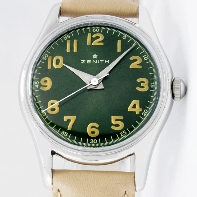 ZENITH PILOT SUNBURST Green Radium Dial Hand Winding Mens Vintage Watch ...
