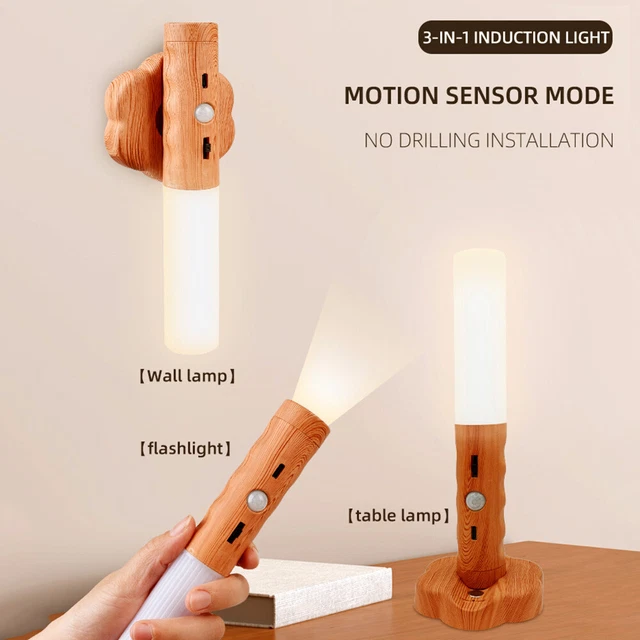 WIRELESS MAGNETIC WOODEN Motion Sensor LED Light with USB Recharge Lamp ...