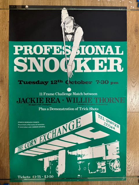 ORIGINAL 1976 LITHOGRAPHIC snooker poster - Jackie Rea vs Willie Thorne ...
