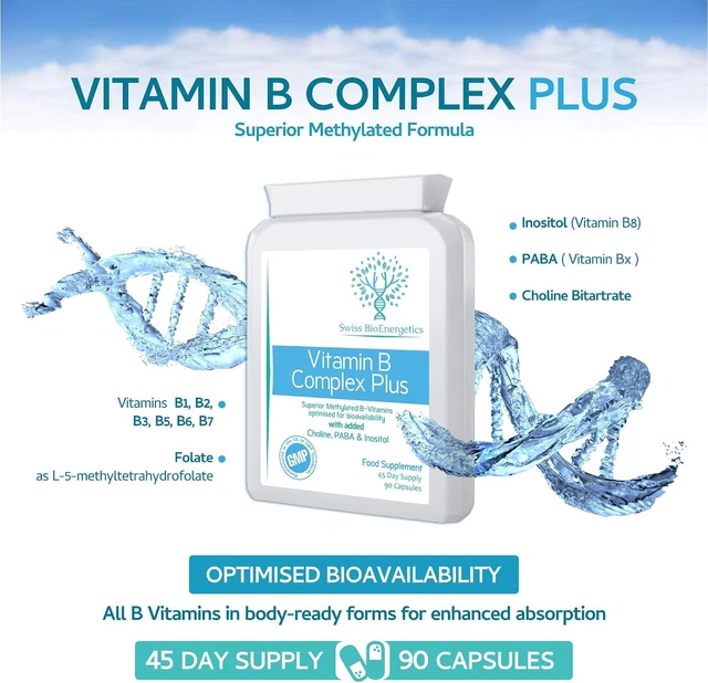 VITAMIN B COMPLEX Plus 90 Capsules Methylated B1 B2 B3 B5 B6 B12 Biotin ...