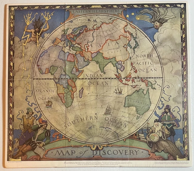 ANTIQUE 1928 N C Wyeth Color Map Of Discovery Eastern Hemisphere Nat ...