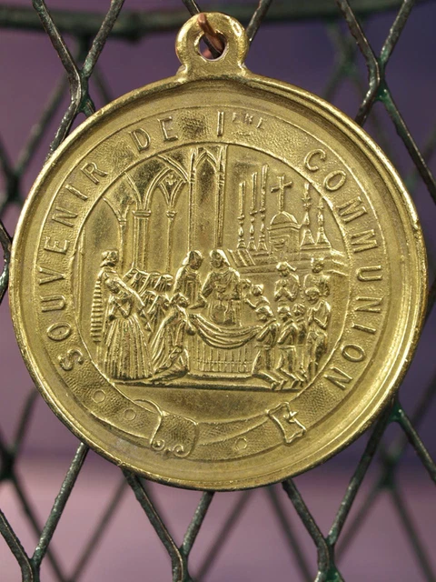 FRENCH RELIGIOUS MEDAL Pendant First Communion Angels Brass £49.45 ...