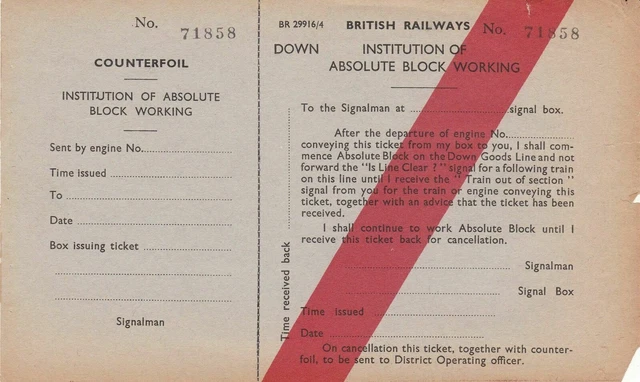 BRITISH RAILWAYS INSTITUTION of Absolute Block Working Blank Form+Foil ...