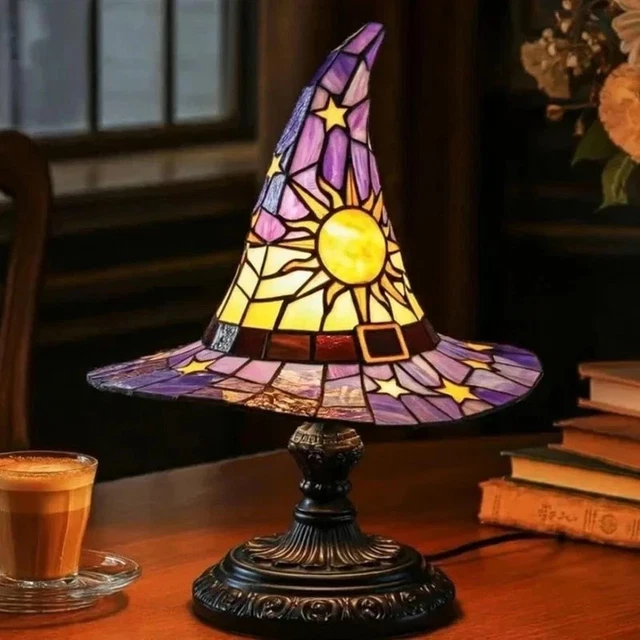 STAINED GLASS WITCH Hat Lamp LED Resin Witch Hat Light Ornament USB ...
