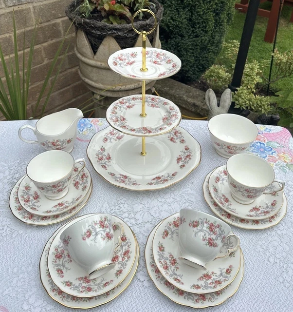 VINTAGE ROYAL OSBORNE Fine Bone China Tea Set & 3 Tier Cake Stand Pink ...