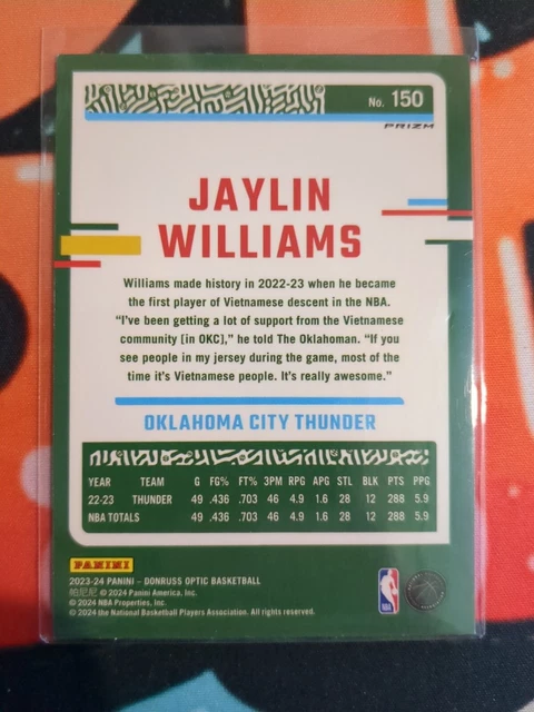 JAYLIN WILLIAMS 2023-24 Donruss optique rose Hyper Prizm #150 OKC ...