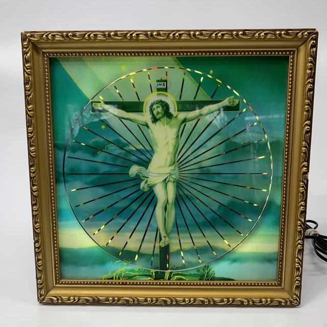 VINTAGE FRAMED JESUS Crucifixion Picture Lighted & Animated psychedelic ...