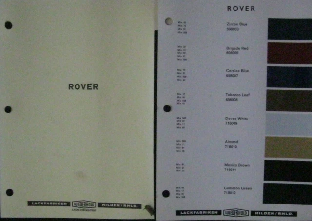 ROVER FARBKARTE FARBENKARTE Colour Chart 60er Jahre Range 3500 V8 P5 P6 ...