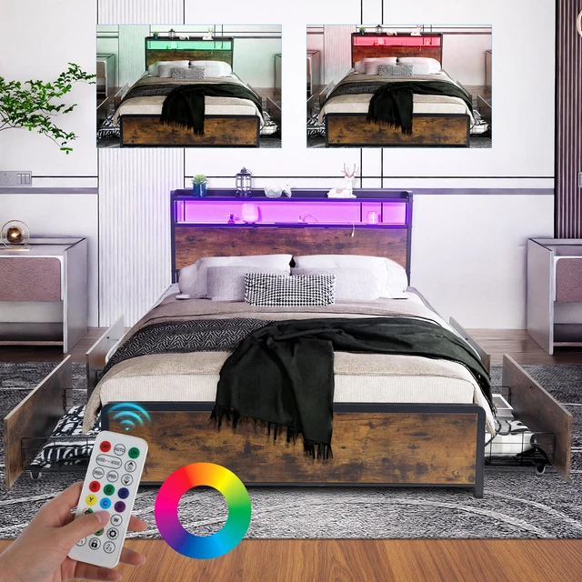 WOODEN BED FRAME Metal Bed Platform w/RGB LED Lights Headboard 4 ...