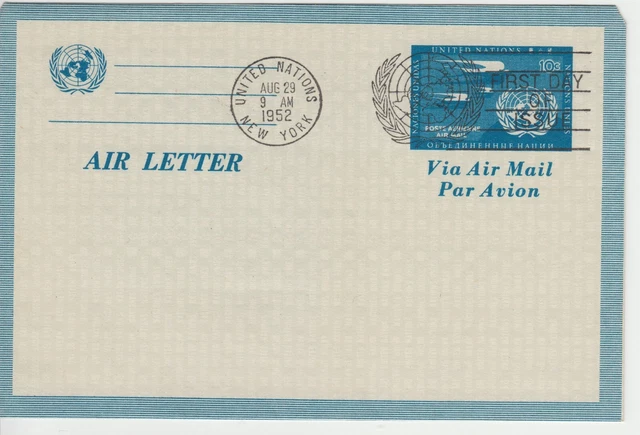 ENTIER POSTAL 1952 aérogramme Air letter First Day United Nations 10c ...