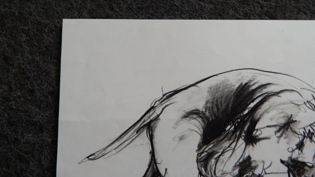 ORIGINAL SIGNED BLACK expressive chinagraph pencil drawing of a dog on ...