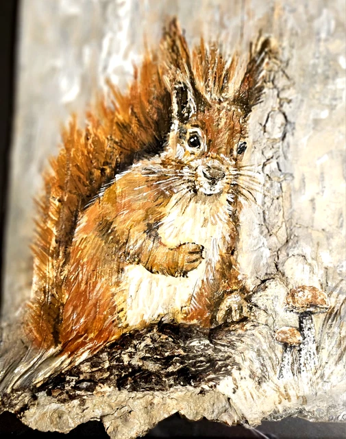 ACRYLBILD ORIGINAL AUF Birkenrinde Gemälde EICHHÖRNCHEN Aquarell Tier Unikat EUR 170,00 ...