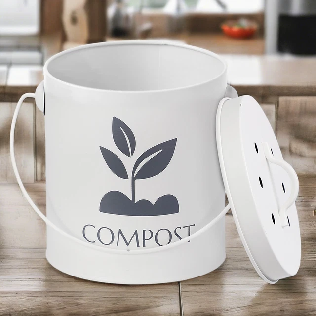 KITCHEN FOOD WASTE Compost Caddy Bin Countertop Recycling Lid Steel ...