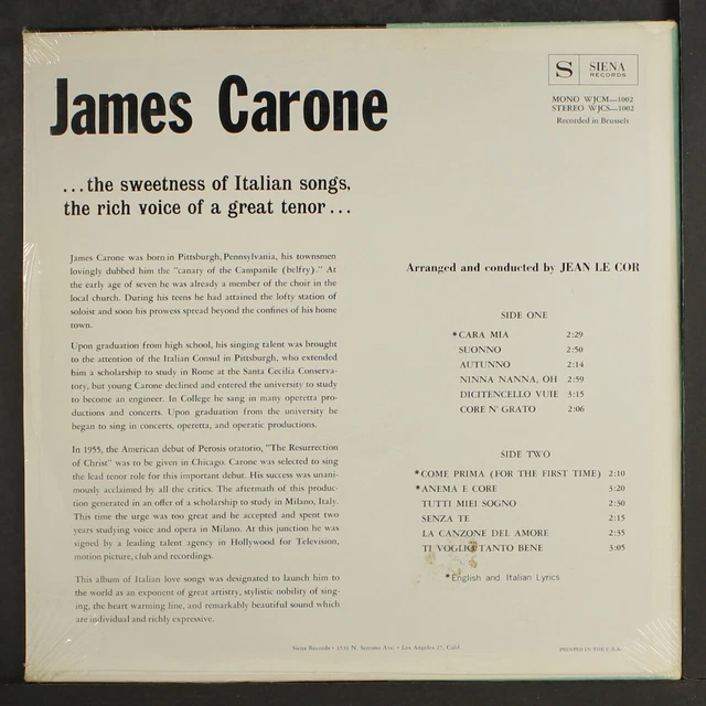 JAMES CARONE: AMERICA'S greatest tenor SIENA 12" LP 33 RPM EUR 23,57 ...