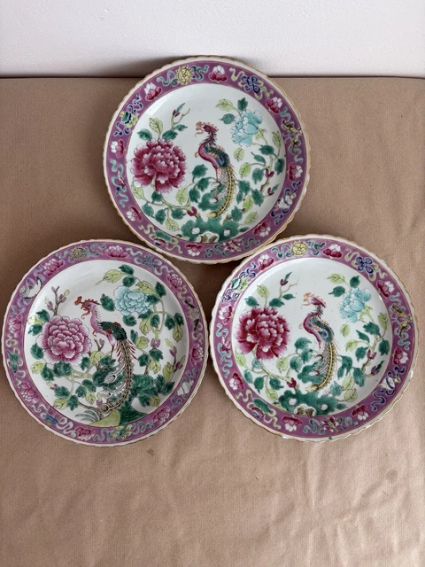 THREE ANTIQUE CHINESE Nyonya Straits Porcelain Plates 19th Century £150 ...