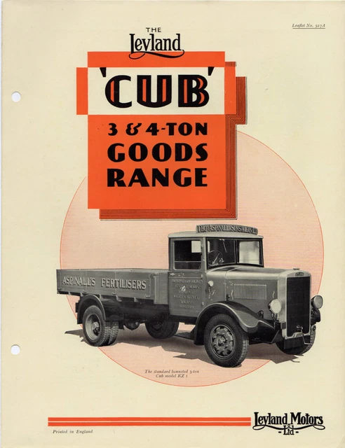 LEYLAND CUB KZ Series 2-Axle Truck 1936-37 UK Market Foldout Sales ...