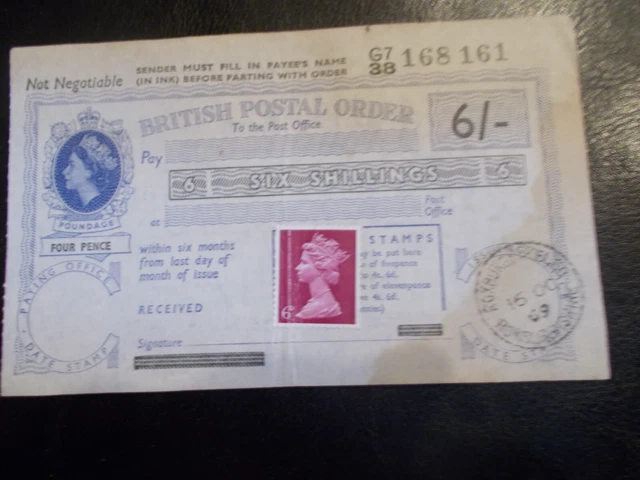 BRITISH POSTAL ORDER - QEII, 6/-+6d stamp, Roxborough, Kelso, 16th ...