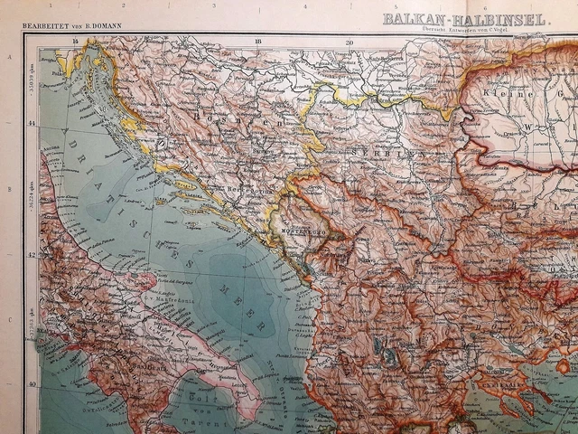 CARTA GEOGRAFICA ANTICA BALCANI ante 1a GUERRA MONDIALE 1906 Antique ...