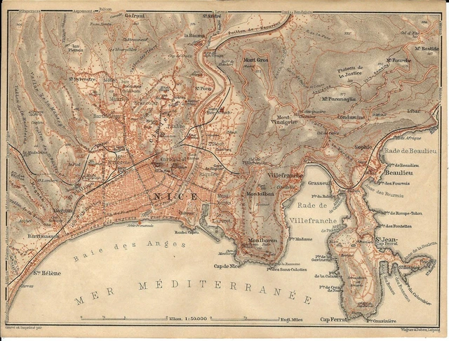 CARTA GEOGRAFICA ANTICA NIZZA NICE Pianta città e costa 1913 Old ...