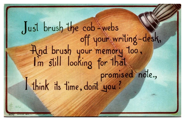 ANTIQUE CORRESPONDENCE REMINDER, Clever Little Poem with Broom Graphic ...