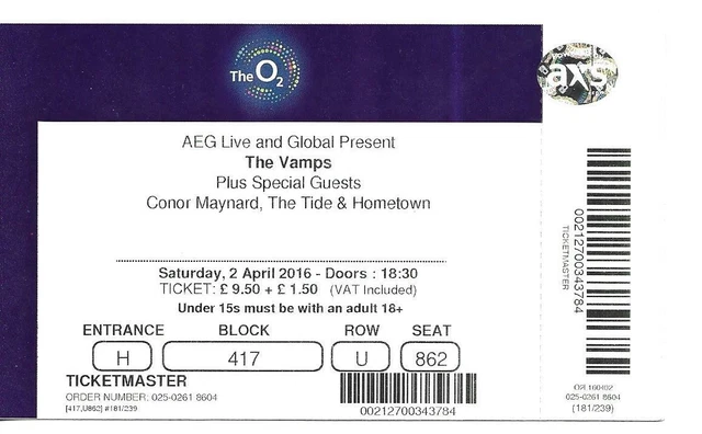 RARE / TICKET Billet Concert - The Vamps : Live A Londres London ...