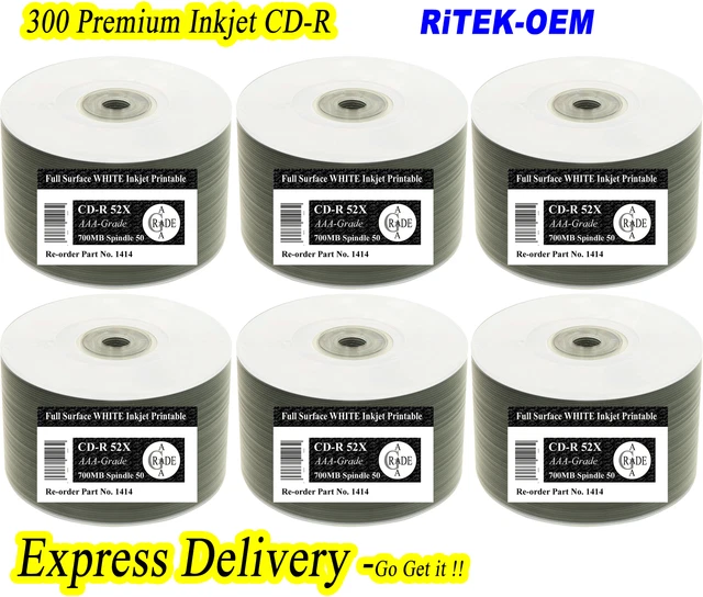 300 RITEK-OEM CD-R80 700MB 52X Inkjet Printable Full-face PiDATA PREMIUM CD-R- £49.44 - PicClick UK