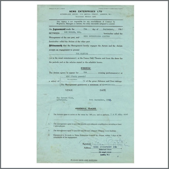 BEATLES 64 BRIAN Epstein Signed NEMS Cavern Club Rustiks Contract Bob ...