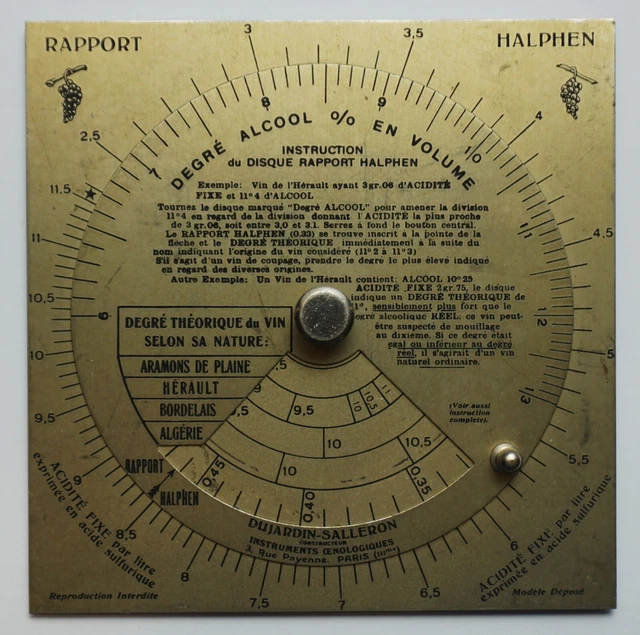 DISQUE POUR EBULLIOMETRE, Degré alcoolique du Vin Dujardin Salleron ...