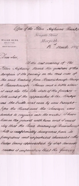 OFFICE OF FELTON HIGHWAY BOARD, Morpeth 1885 William Webb lettre d ...