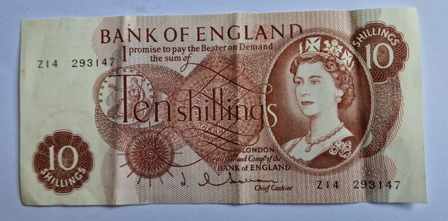 OLD BRITISH BANK Note Ten Shilling Banknote Hollom 1962-1966 Z14 293147 ...