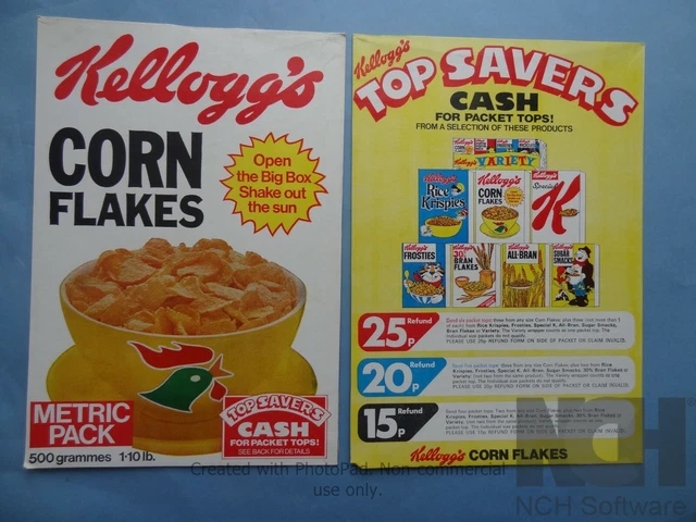 1970S KELLOGG'S CORN FLAKES front & back box panels " Top Savers ...