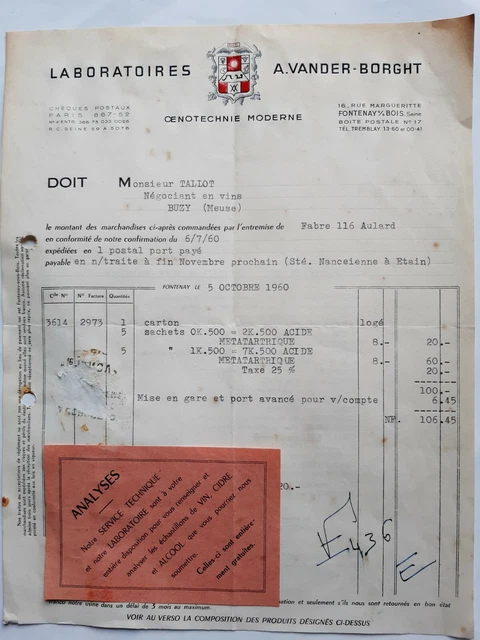 FACTURE LABORATOIRES A. VANDER - BORGHT Oenotechnie moderne Fontenay ...
