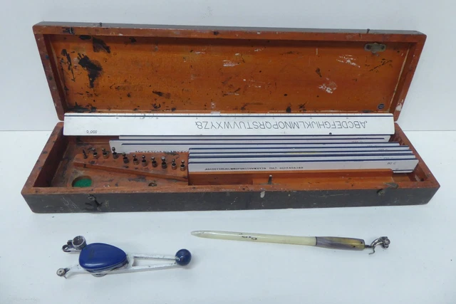 VINTAGE WOODEN CASED Kent Technical Drawing Drafting Lettering Set ...