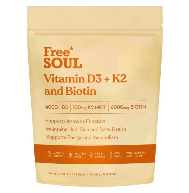 FREE SOUL VITAMIN D3, K2, and Biotin Supplement 90 Vegetarian Capsules ...