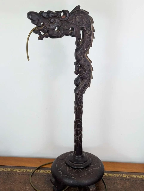 LARGE CHINESE CARVED wooden dragon lamp base, early to mid 20th century ...