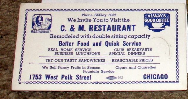 VINTAGE RARE 1930'S C & M RESTAURANT Blotter-CHICAGO IL~W Polk St ...