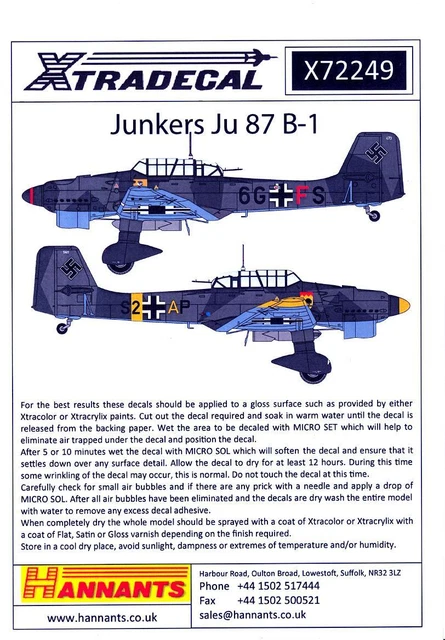 XTRA DECALS 1/72 JUNKERS Ju-87B-1 STUKA German WWII Dive Bomber $13.50 ...