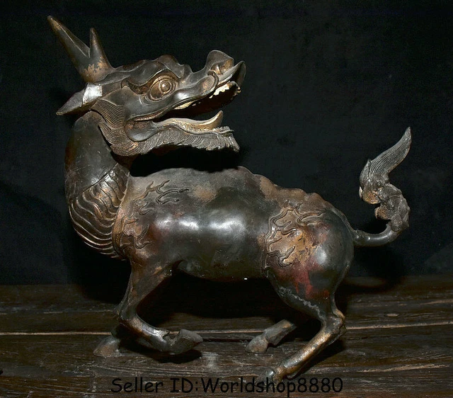 15.2& OLD CHINESE Red Bronze Feng Shui Kylin Qilin Unicorn Beast Lucky ...