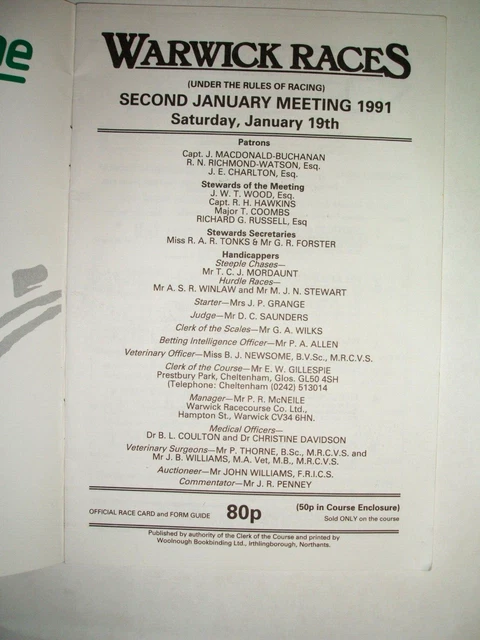 WARWICK RACE CARD ( Sat 19Th Jan 1991) £1.00 - PicClick UK