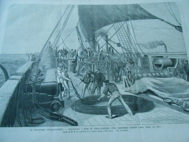 GRAVURE 1866 - Le télégraphe transatlantique a bord du Great Eastern ...
