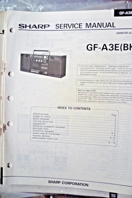 SHARP GF-A3E Radio Cassette ORIGINAL Service Manual £7.83 - PicClick UK
