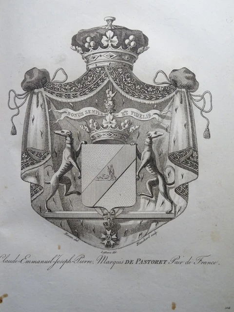 GRAVURE BLASON HERALDIQUE MARQUIS de PASTORET ARMOIRIES RESTAURATION ...