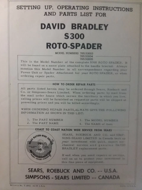 SEARS DAVID BRADLEY Walk Behind S300 Roto Tiller Owner & Parts Manual ...