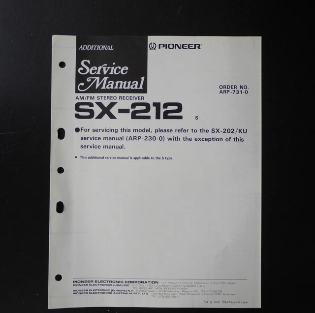 ORIGINAL PIONEER SX-212 Stereo Receiver Additional Service Manual ...